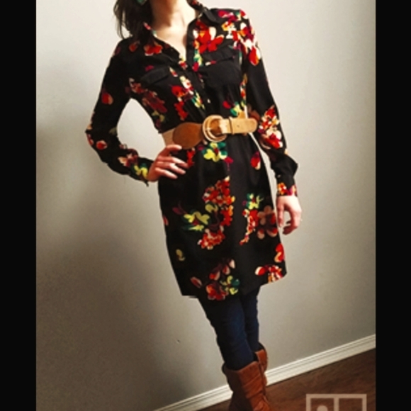 Merona | Dresses | Merona Button Up Black Collared Floral Print Dress ...